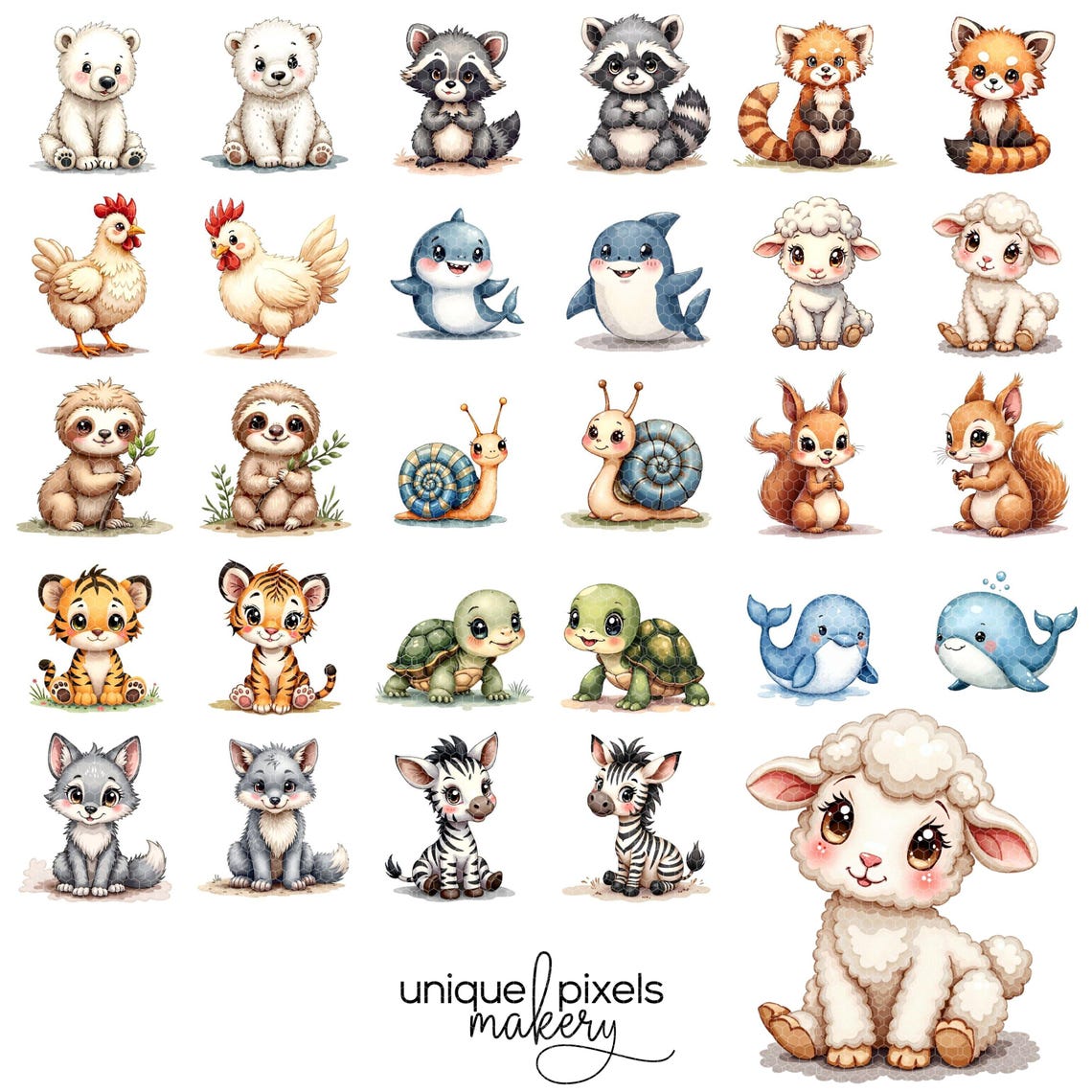 Cute Baby Animal Pairs Clipart Watercolor PNG | COMMERCIAL USE ...