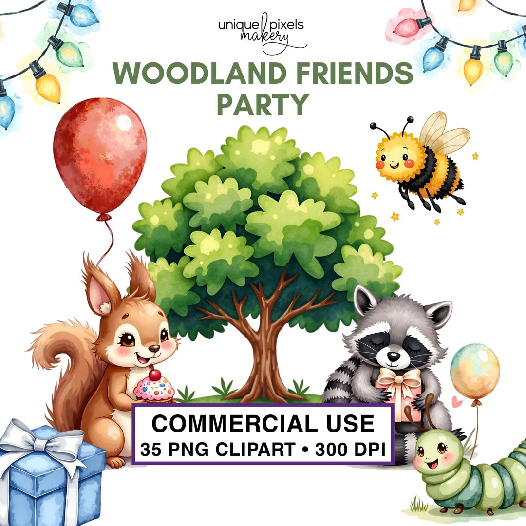 Woodland Birthday Clipart | Watercolor Forest Animals PNG (digital ...