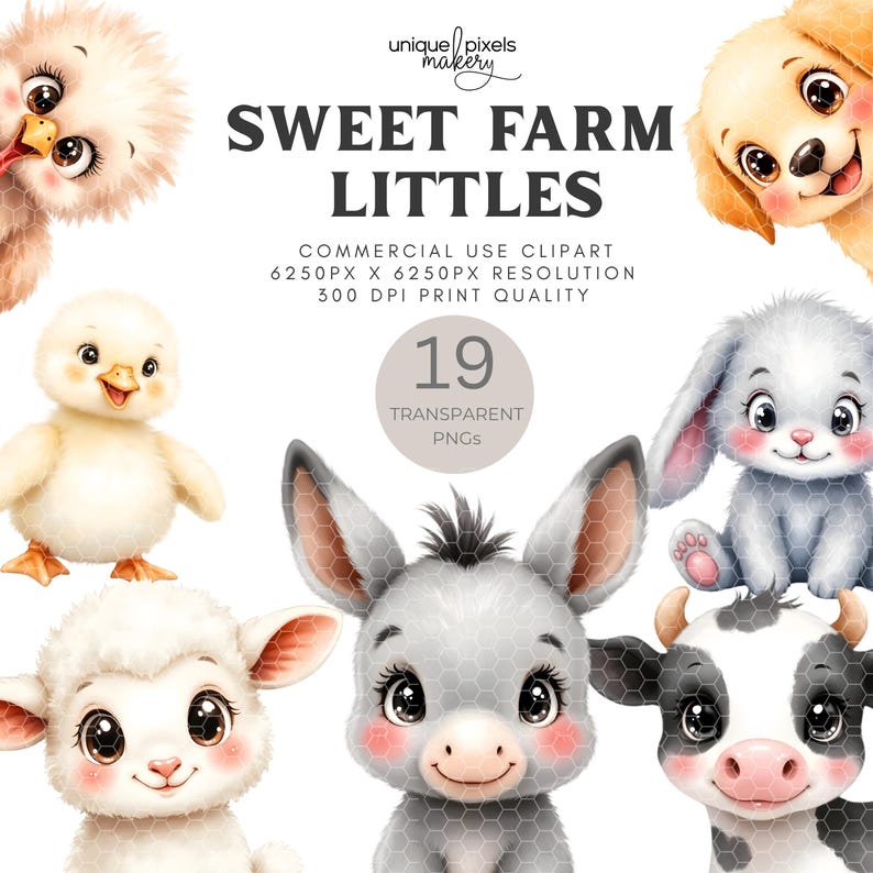 Baby Farm Animal Watercolor Clipart | Lamb Chick Bunny Calf Donkey Cat ...