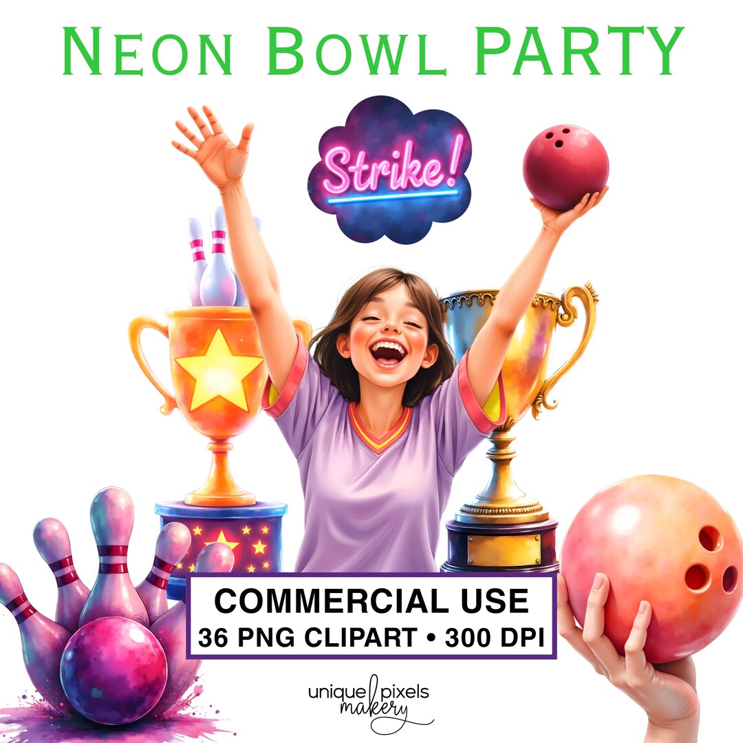 Neon Bowling Clipart Watercolor PNG | Strike Signs, Pins, Trophies ...