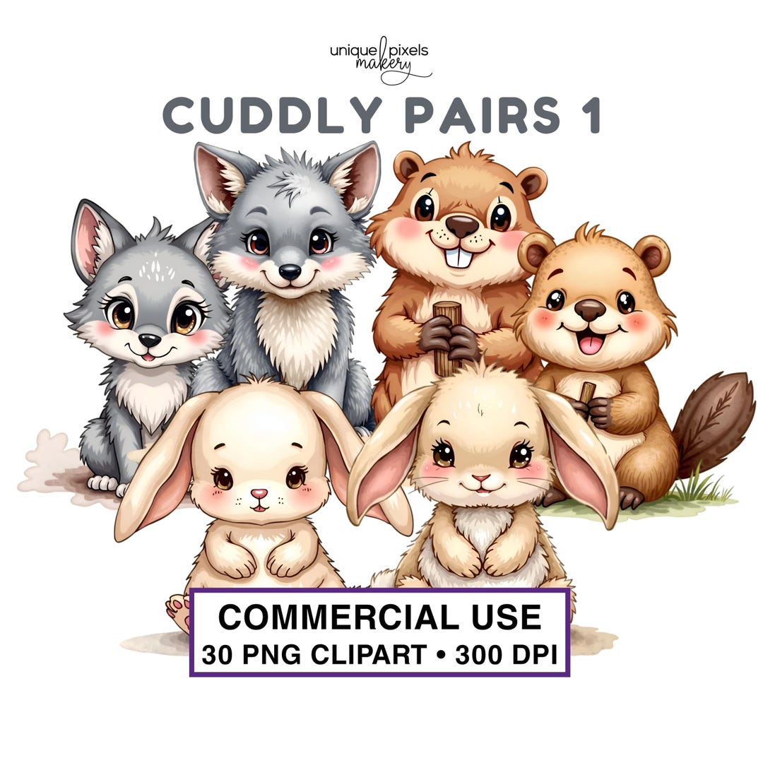 Baby Animal Pairs Clipart Watercolor PNG | COMMERCIAL USE | Matching ...