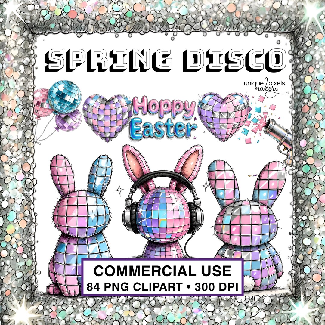 Spring Disco Easter PNG Clipart Watercolor | Retro Bunny Party Eggs ...