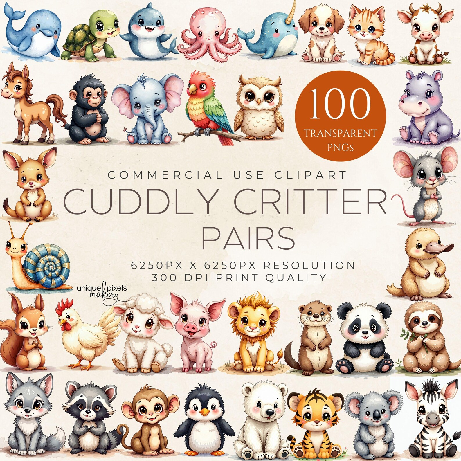 Cute Baby Animal Pairs Clipart Watercolor PNG | COMMERCIAL USE ...