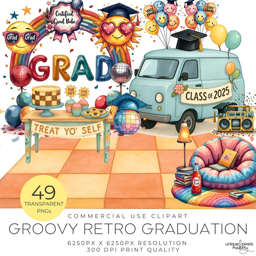 Groovy Retro Graduation Clipart – 49 Watercolor Pngs - 70s Vibes ...