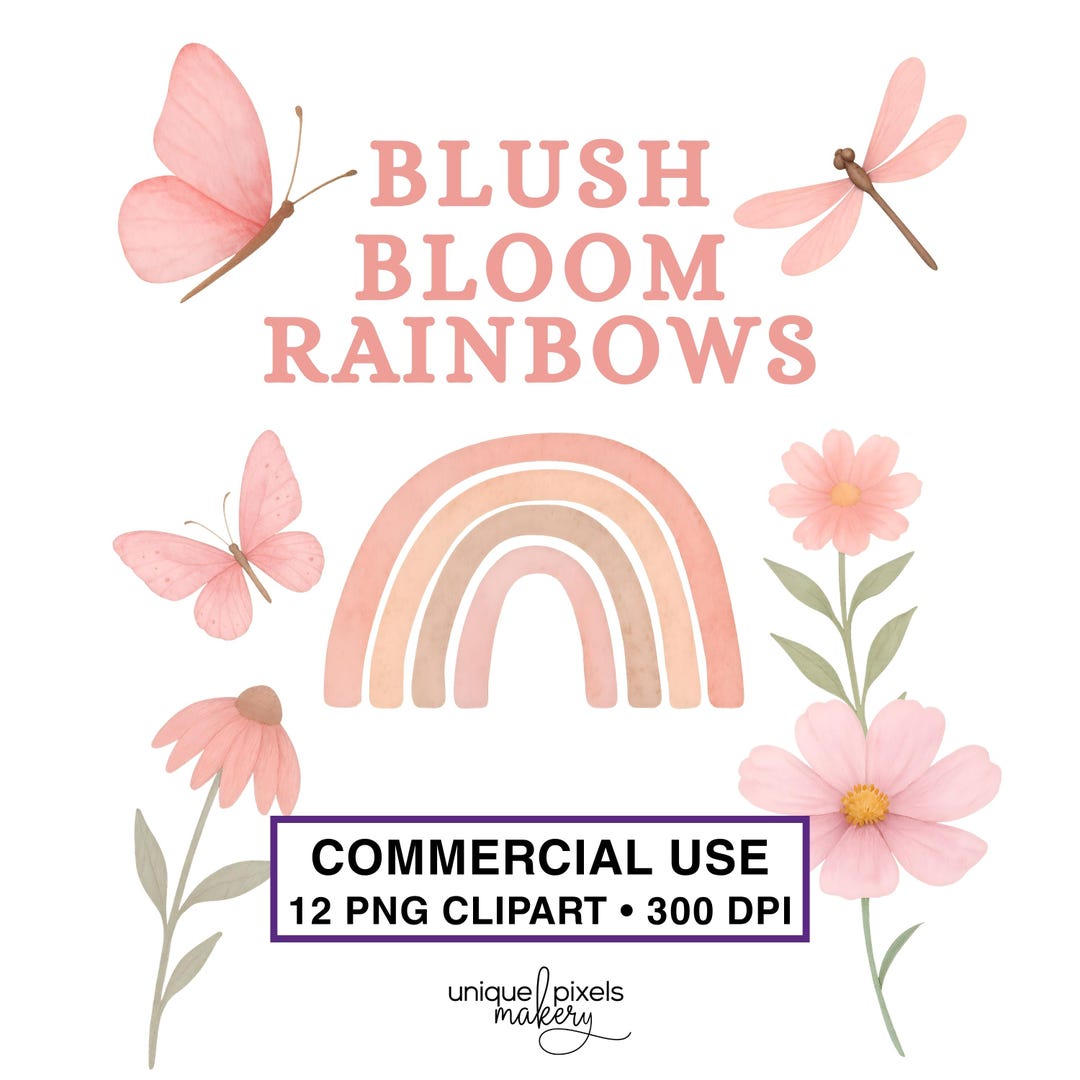 Boho Rainbow Flower Watercolor Clipart PNG | Pastel Pink Blush Blooms ...