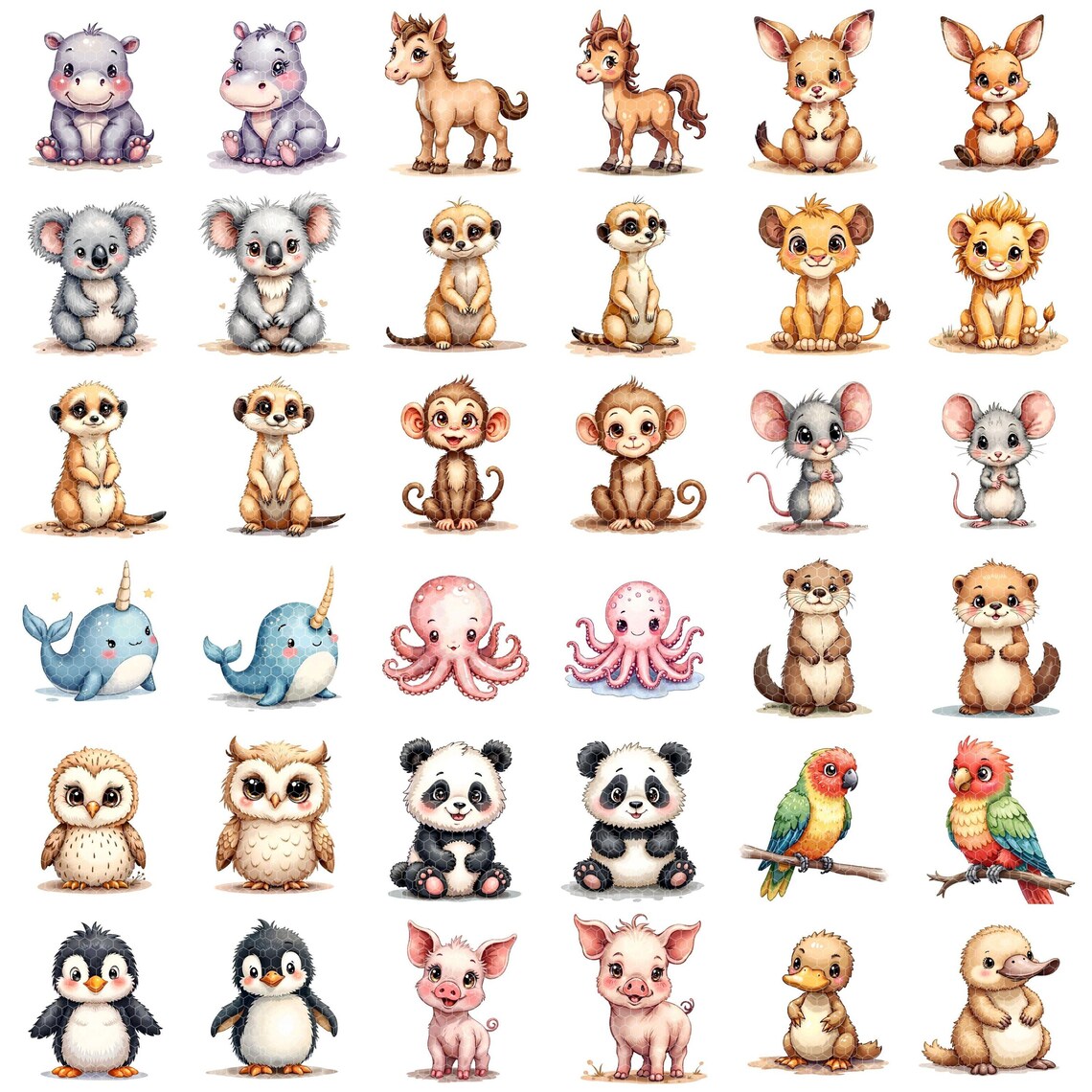 Cute Baby Animal Pairs Clipart Watercolor PNG | COMMERCIAL USE ...