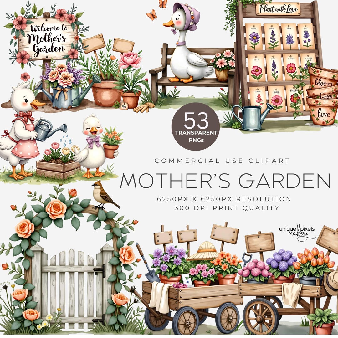 Spring Gardening Clipart PNG – Whimsical Mother’s Garden With Vintage ...