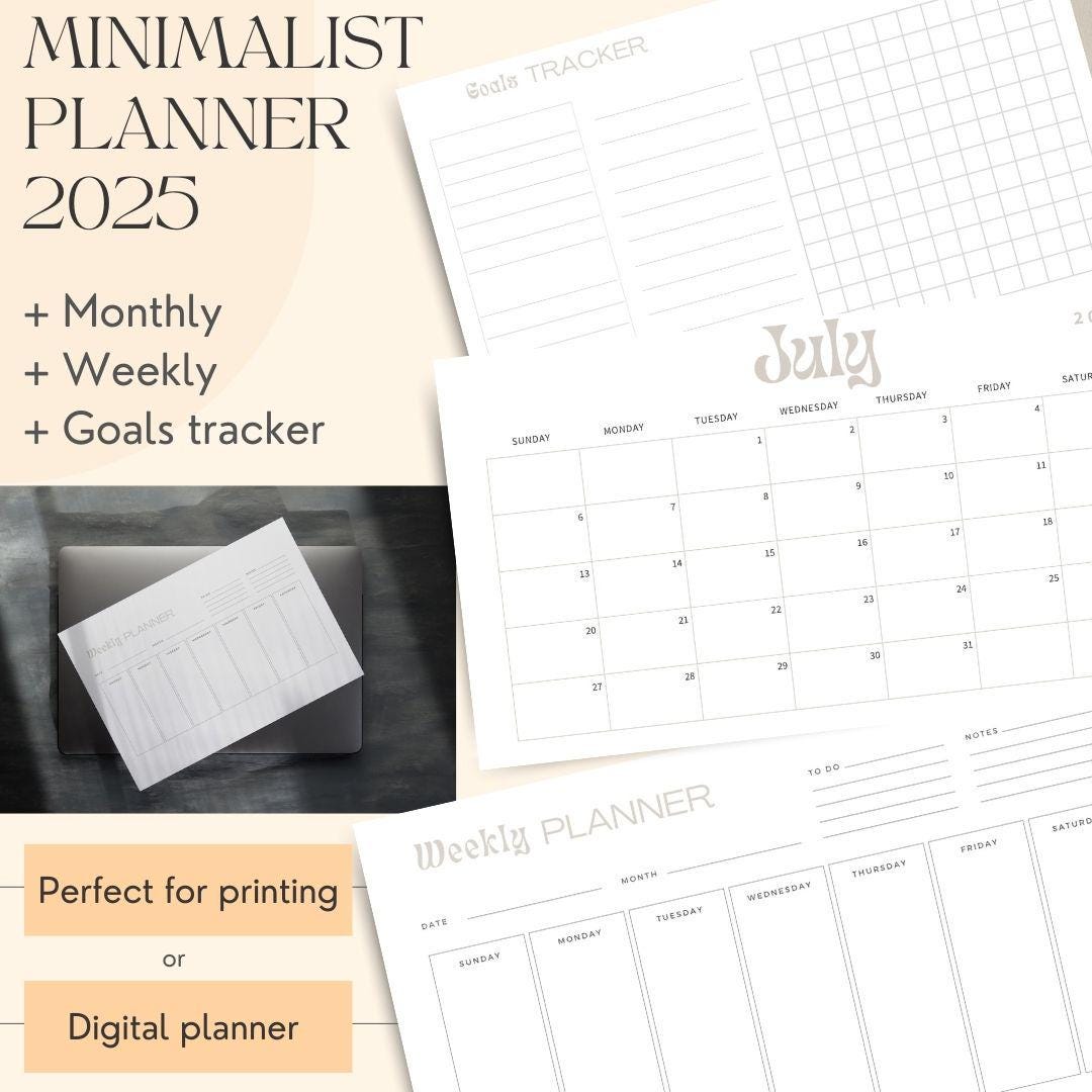 2025 Calendar, 2025 Monthly Planner, Minimalist Monthly Calendar Sunday ...