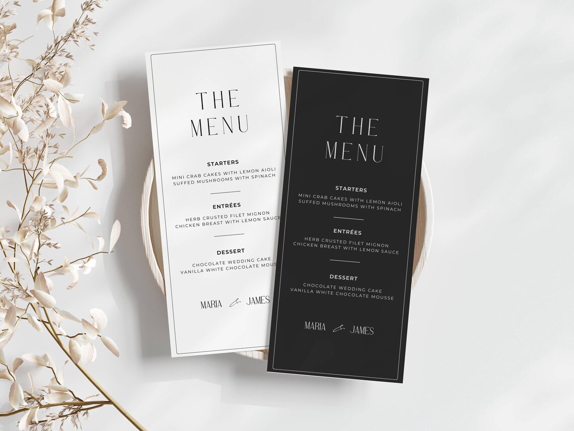 Black and White Modern Wedding Menu Template | Place Card Menu ...