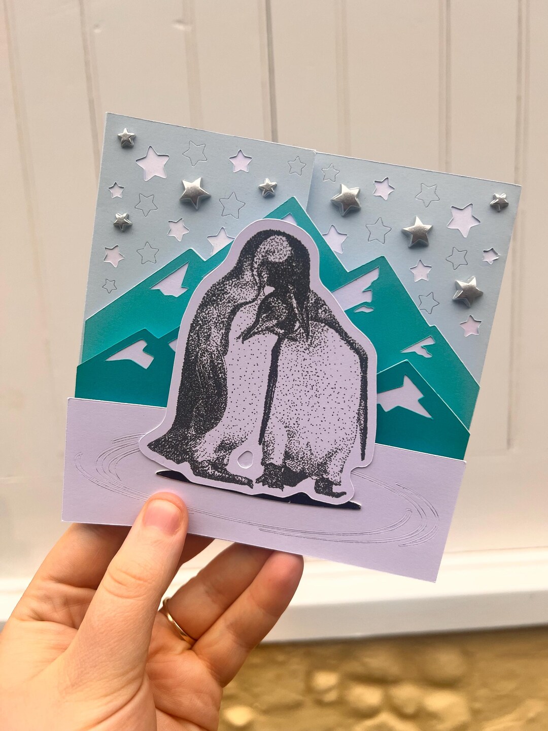 3D Penguin Christmas Card: Layered Arctic Scene With Silver Stars - Etsy