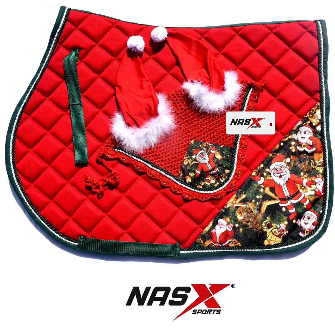 Santa Claus Christmas Horse Saddle Pad and Fly Veil Set Equestrian Tack ...