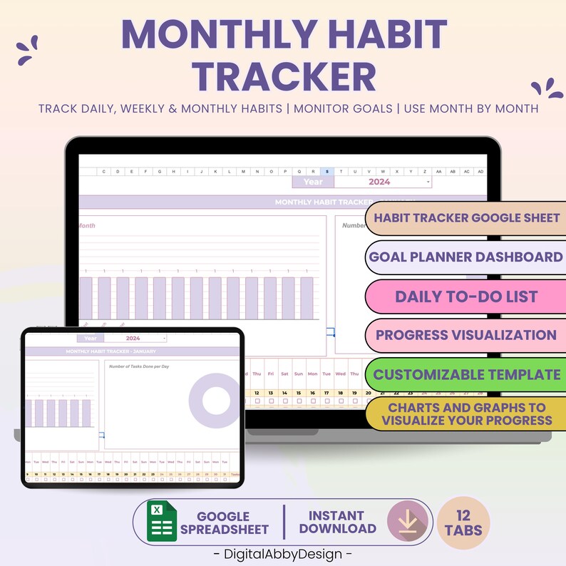 Habit Tracker Spreadsheet, Daily Weekly Monthly Habit Tracker Google Sheets, Goal Planner ...