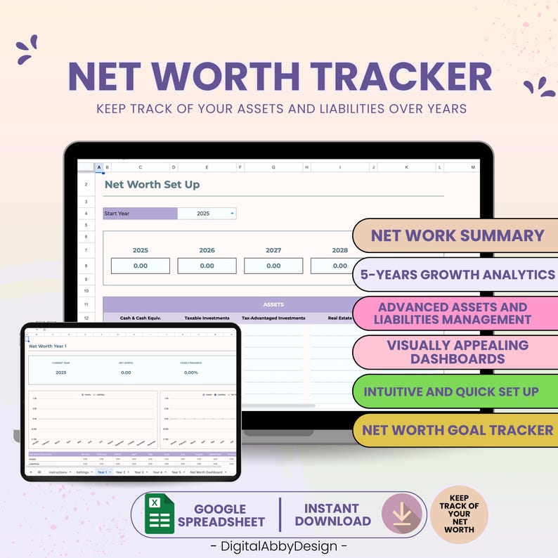 Net Worth Tracker Spreadsheet, Multi-year Dashboard Spreadsheet, Google ...