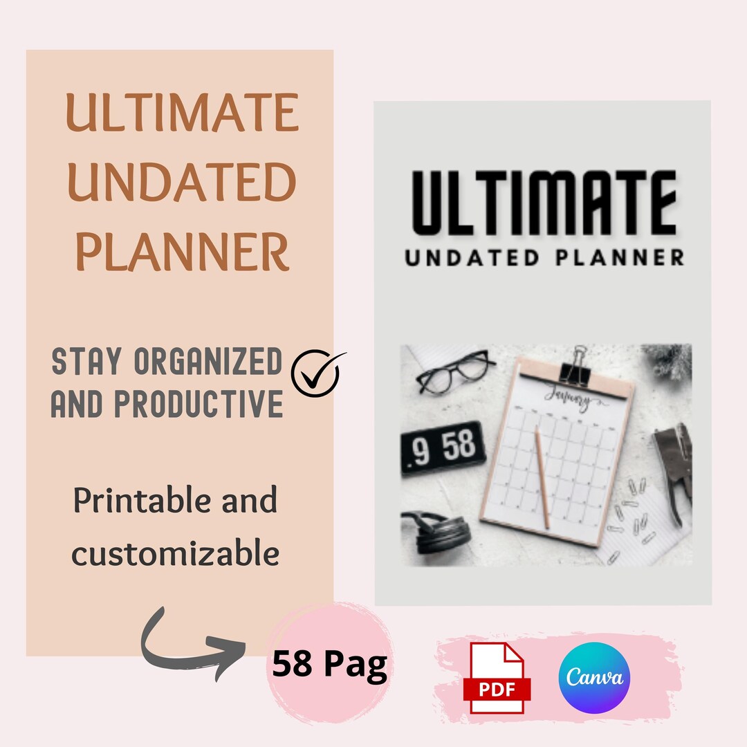 Undated Planner Printable Editable in Canva, 58 Pages Digital Planner ...