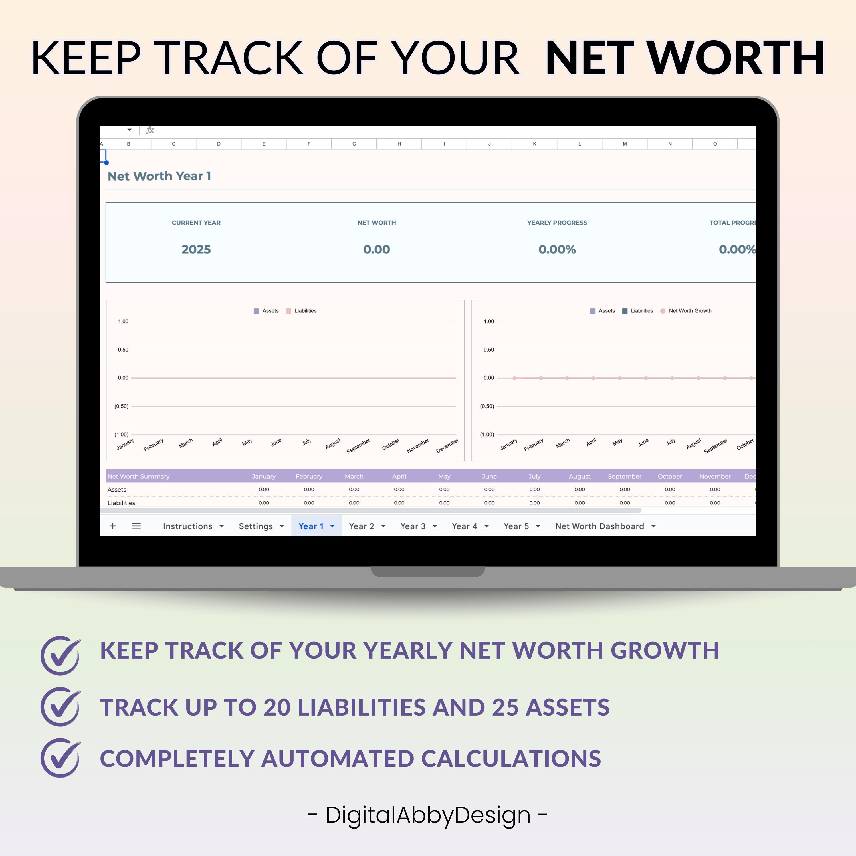 Net Worth Tracker Spreadsheet, Multi-year Dashboard Spreadsheet, Google ...