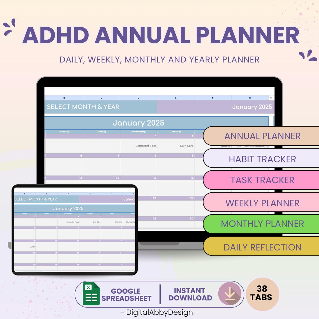 ADHD Life Planner Spreadsheet, Yearly Weekly and Daily Tracker ...