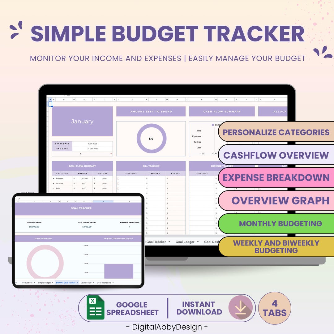 Simple Budget Tracker Google Sheet, Monthly Budget Spreadsheet ...