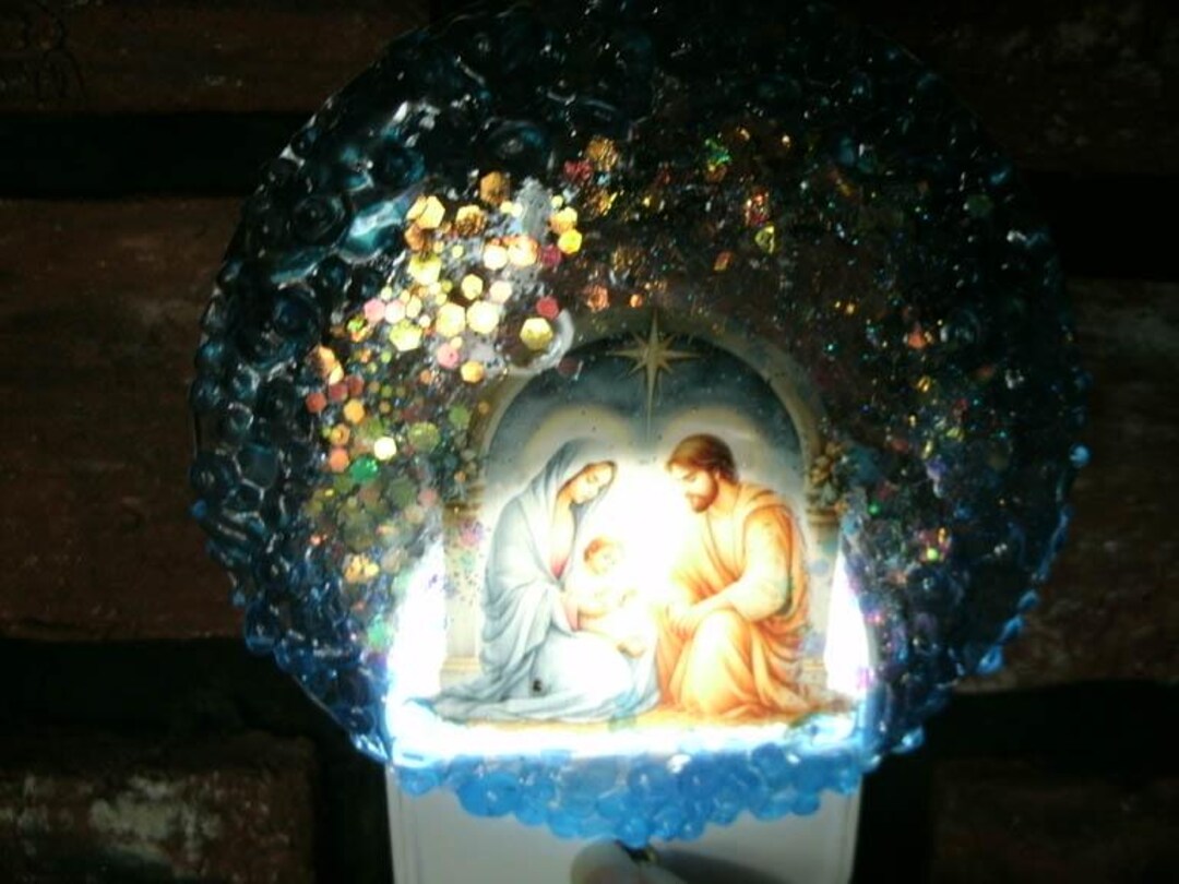 Nativity Night Light Resin and Blue Glass Beads With Sparkle Added to ...