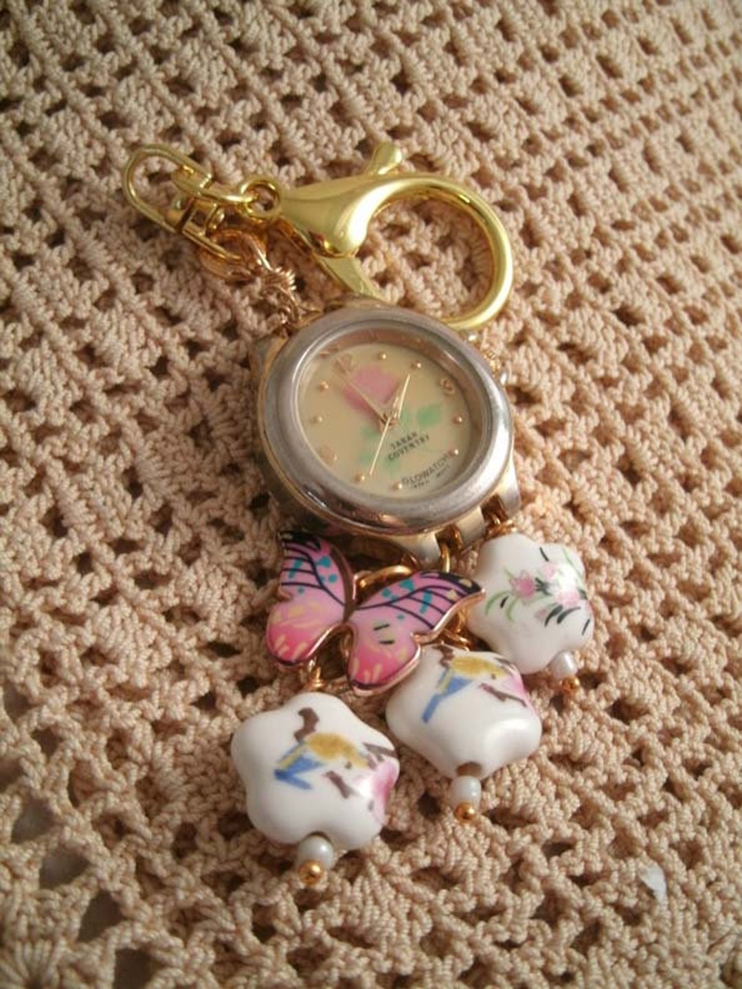 Ceramic Bead Bag Clip on Vintage Wire Wrapped Watch Clip Pink Butterfly ...