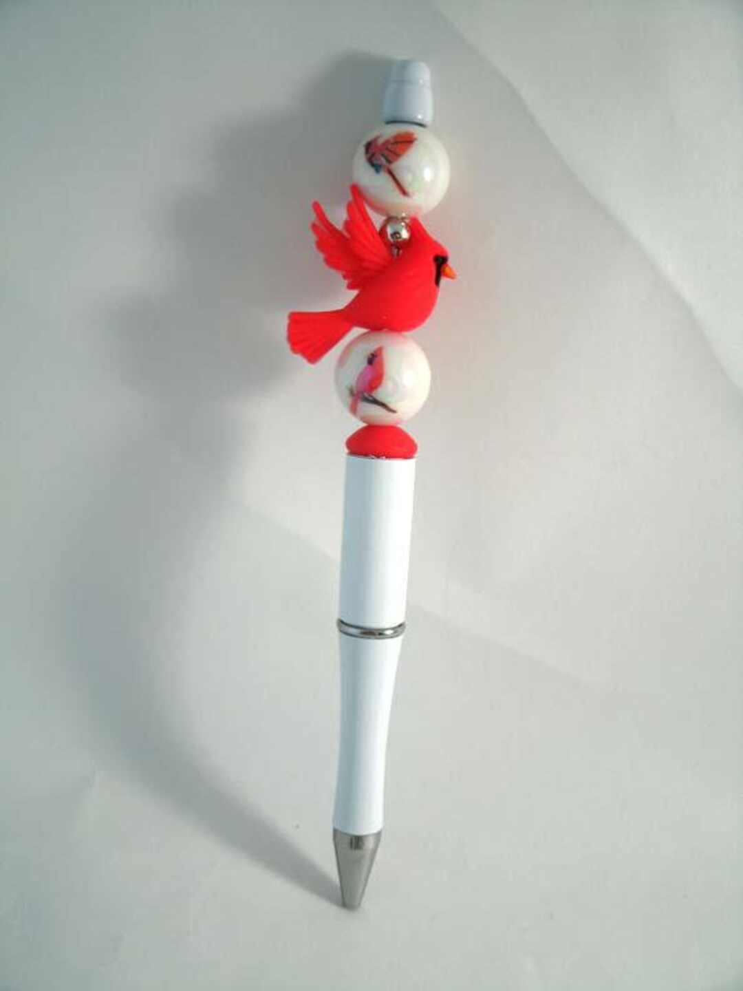 Red Bird Beaded White Ink Pen With Silicone Red Bird and 16mm Acrylic ...