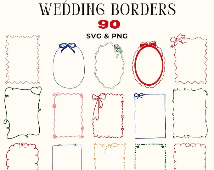 Hand Drawn Wedding Frame Clipart in SVG, Wavy Border With Bow in PNG ...