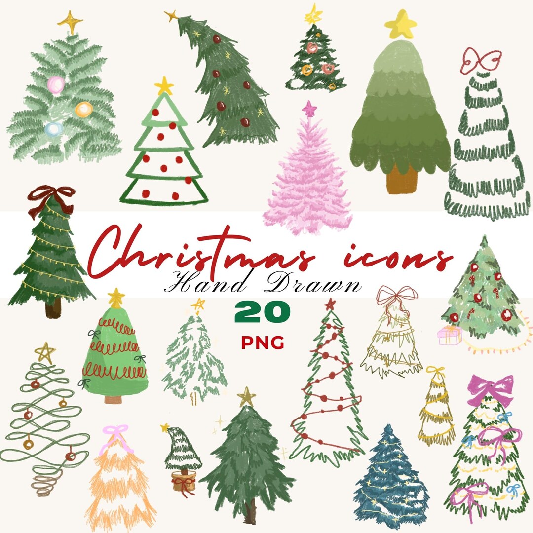 Christmas Tree Clipart: Watercolor Hand-drawn Elements Bundle PNG ...