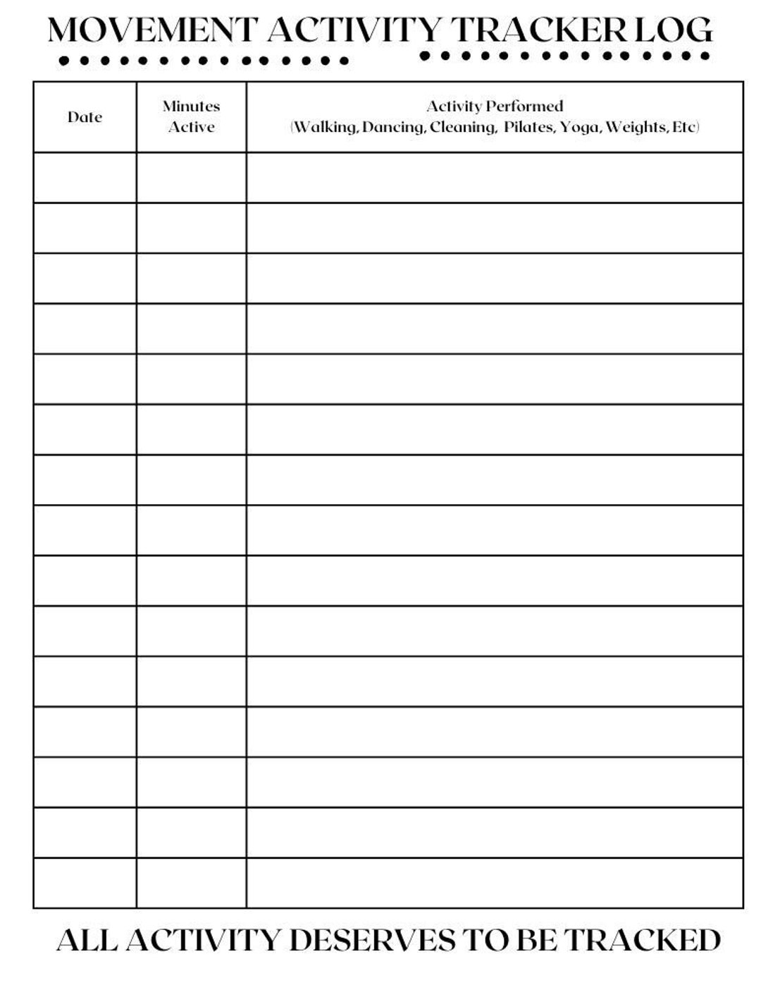 Activity Exercise Movement Log Sheet, Digital Download, Movement ...