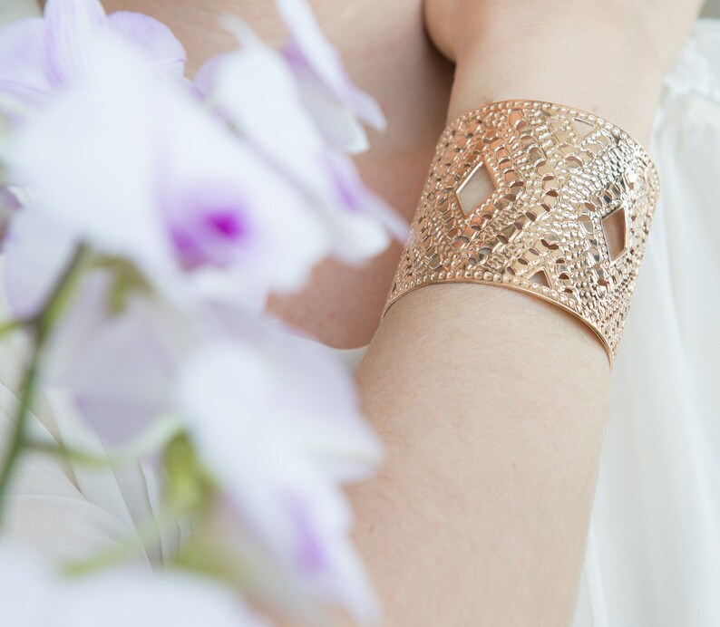 Wide Cuff Bracelet With Diamond Design Rose Gold Bracelet For | Etsy