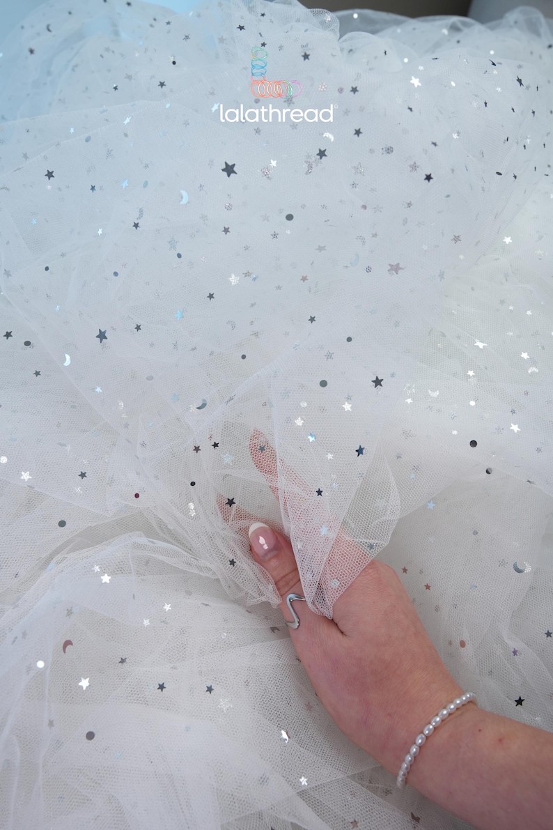 White Celestial Sheer Tulle by the Yard, Star Burst Glitter Lace for ...
