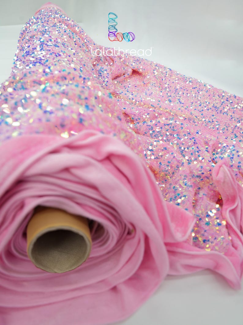 Iridescent Pink Sequin Velvet Fabric by the Yard,2 Way Stretch Soft ...