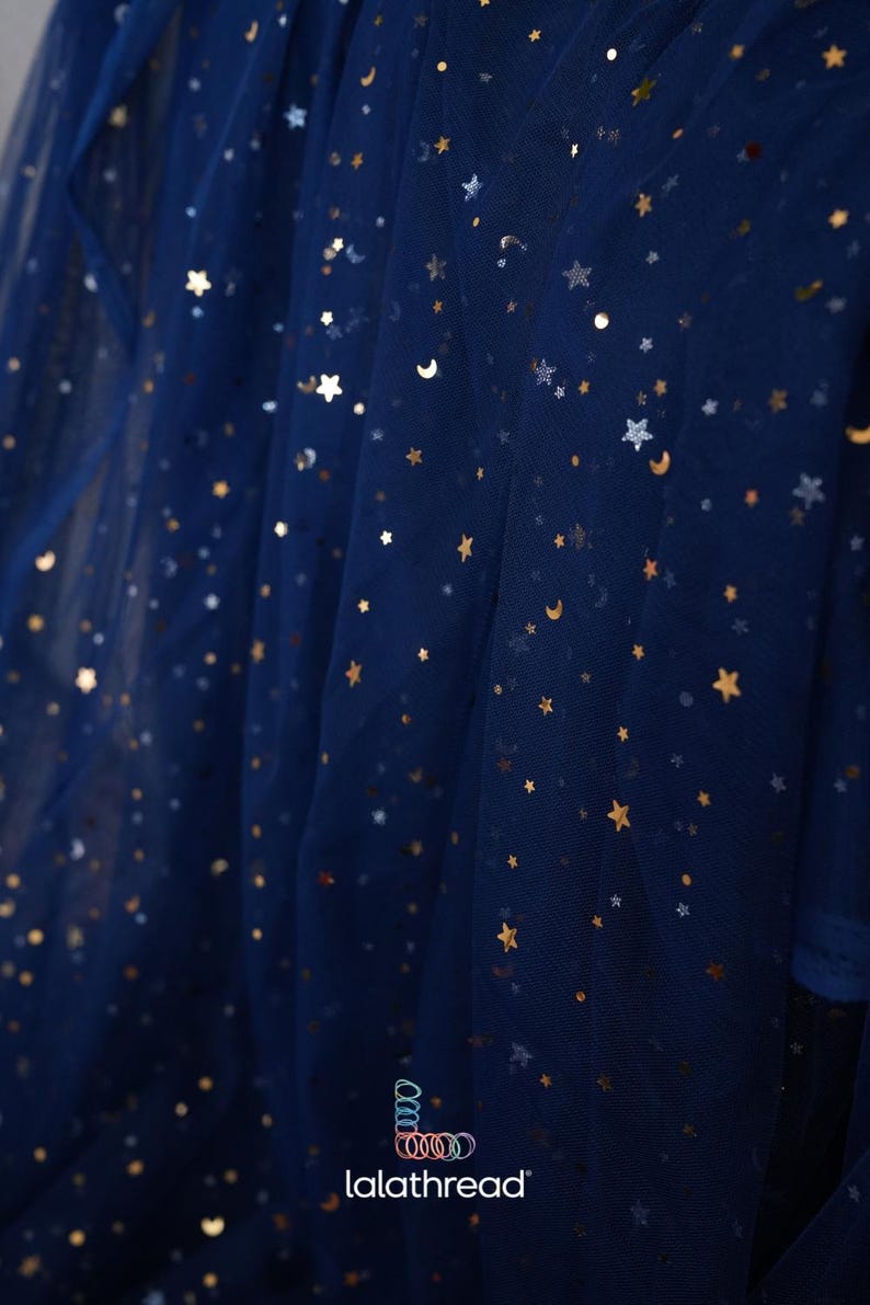 Navy Blue Twinkle Star Burst Tulle by the Yard, Sheer Celestial Glitter ...