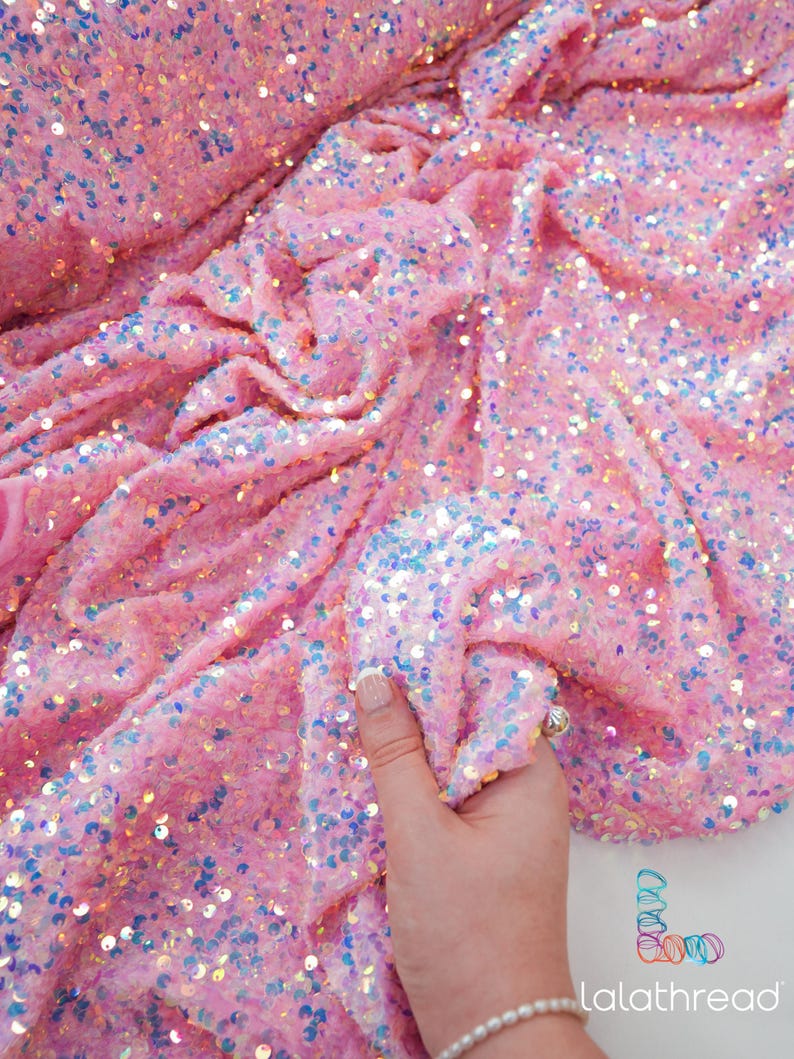 Iridescent Pink Sequin Velvet Fabric by the Yard,2 Way Stretch Soft ...