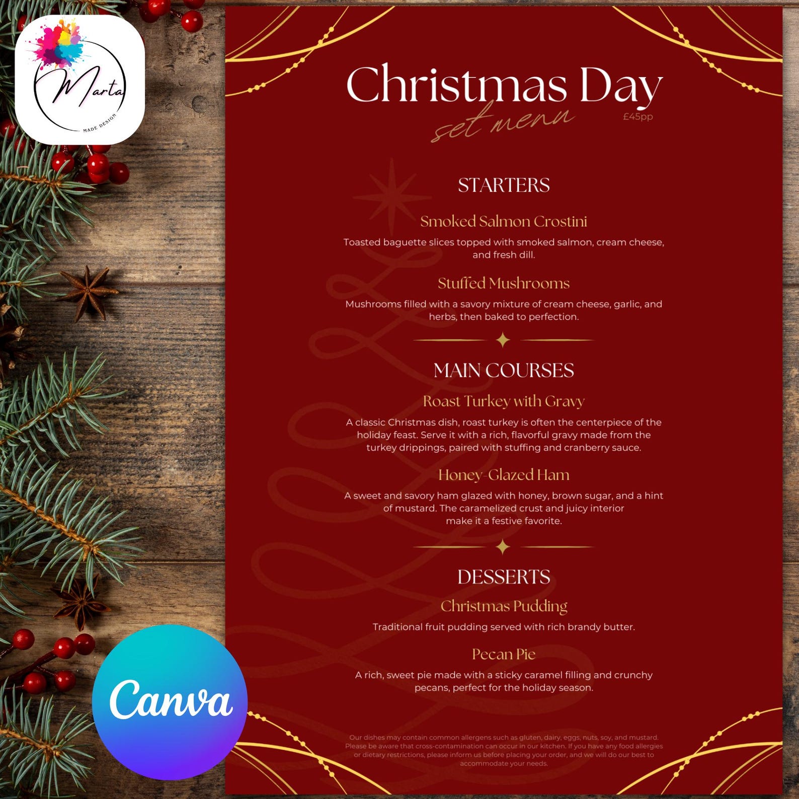 Editable Holiday Menu Templates | Christmas & New Year's Eve Menus (A4 ...