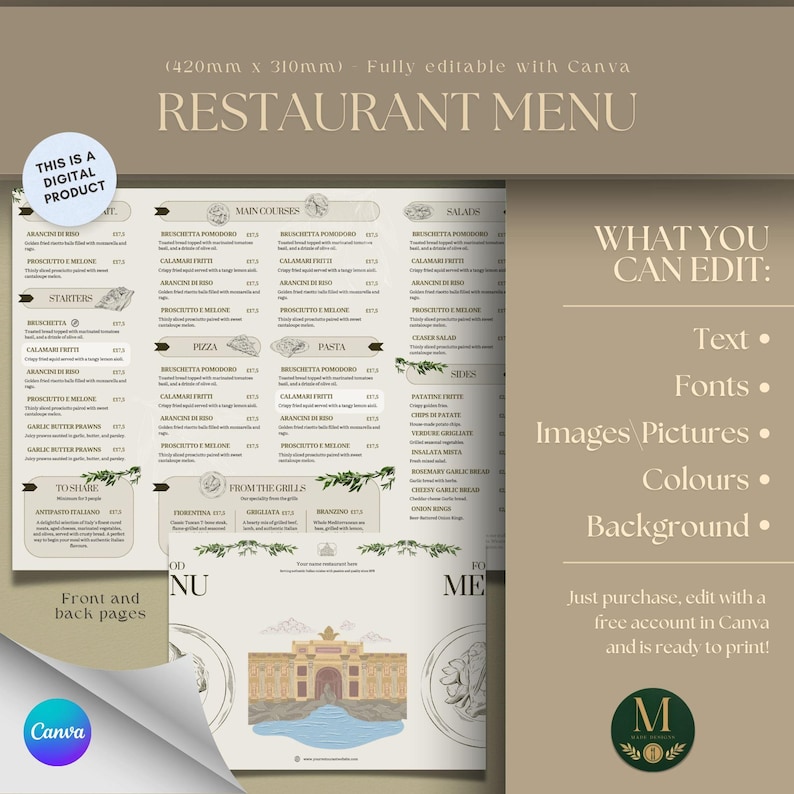 Italian Restaurant Menu Template, Foldable Canva Design (420x314mm ...
