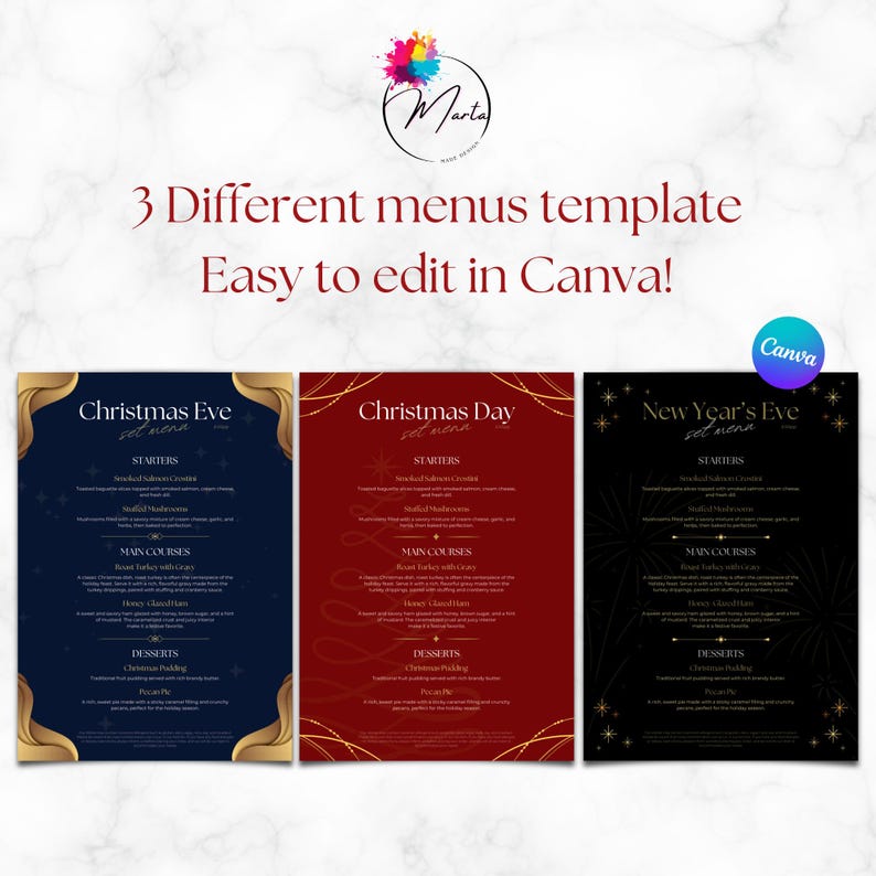 Editable Holiday Menu Templates Christmas & New Year's Eve Menus A4 ...