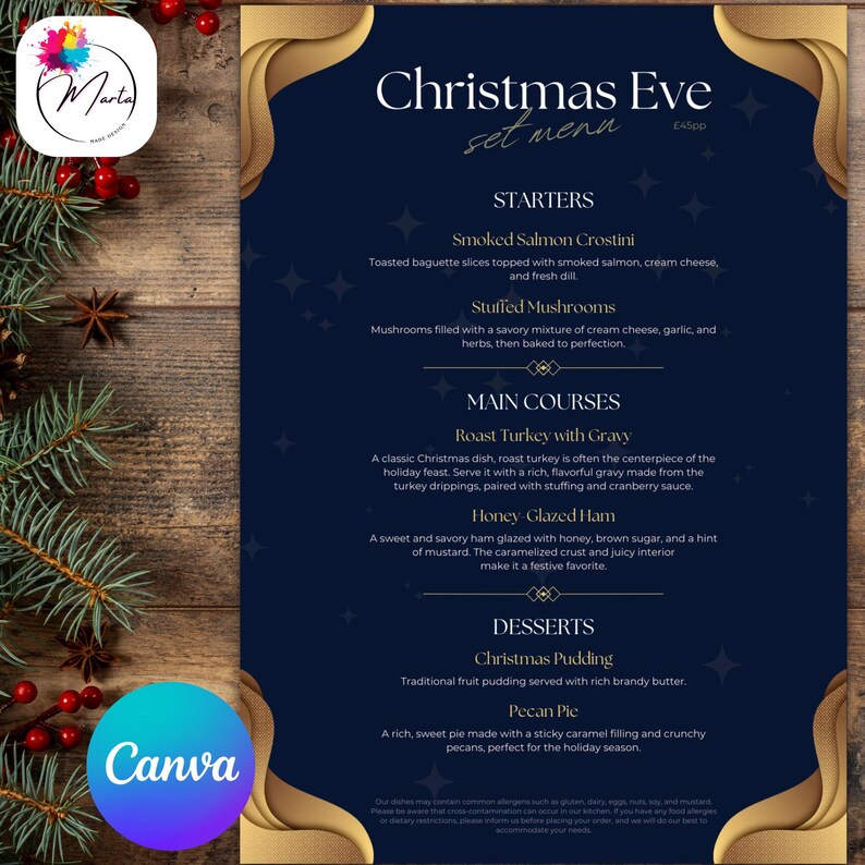 Editable Holiday Menu Templates | Christmas & New Year's Eve Menus (A4 ...
