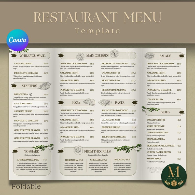 Italian Restaurant Menu Template, Foldable Canva Design (420x314mm ...
