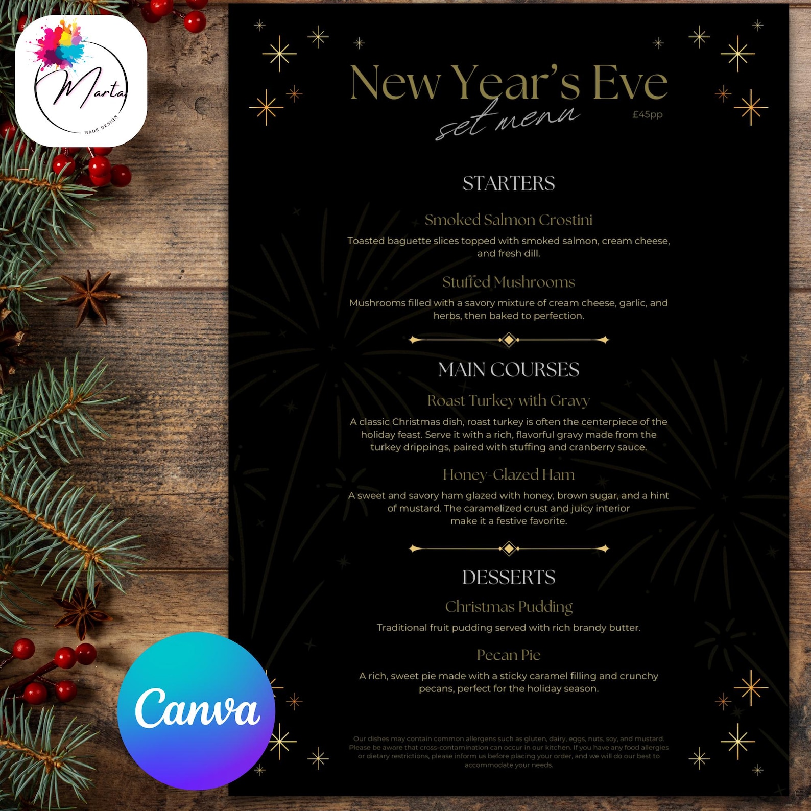 Editable Holiday Menu Templates | Christmas & New Year's Eve Menus (A4 ...