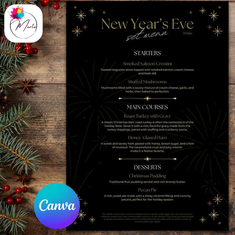 Editable Holiday Menu Templates Christmas & New Year's Eve Menus A4 ...