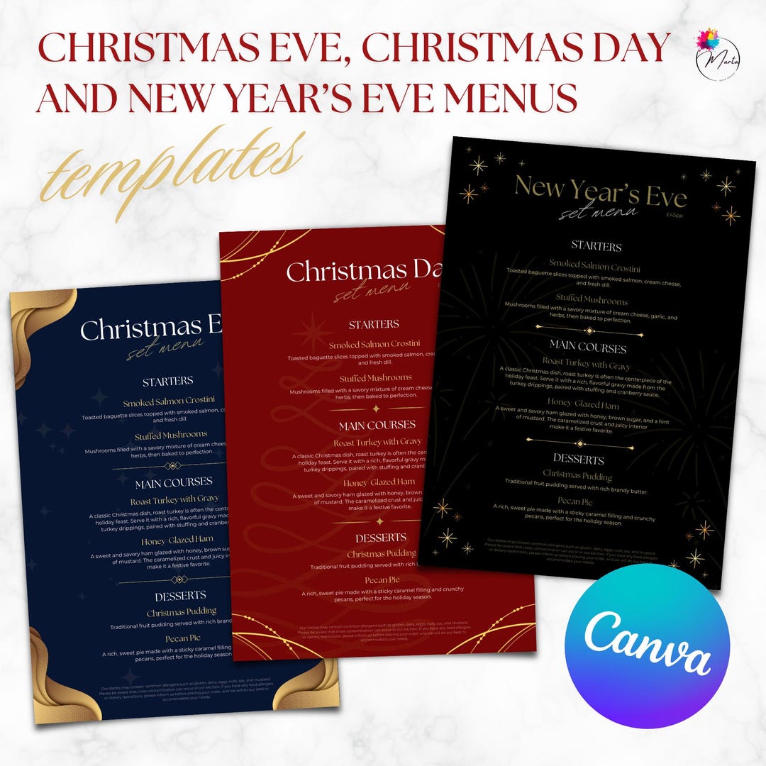 Editable Holiday Menu Templates | Christmas & New Year's Eve Menus (A4 ...