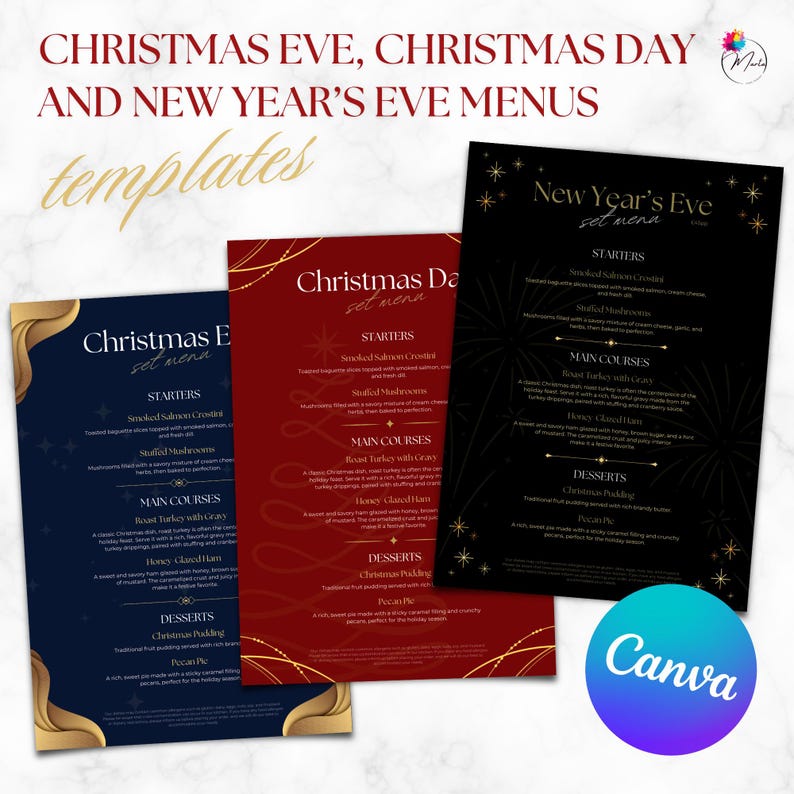 Editable Holiday Menu Templates | Christmas & New Year's Eve Menus (A4 ...
