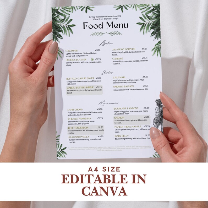 Elegant Restaurant Menu Template, Leaves Green Greek Style, Editable in ...
