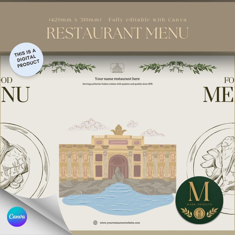 Italian Restaurant Menu Template, Foldable Canva Design (420x314mm ...