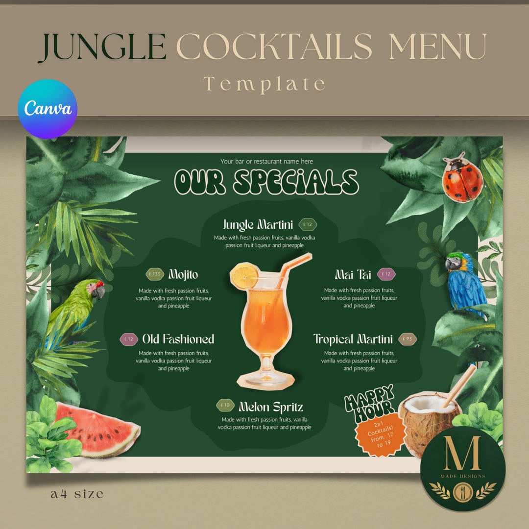 Jungle Cocktail Menu Template A4 Landscape | Tropical Bar Menu Editable ...