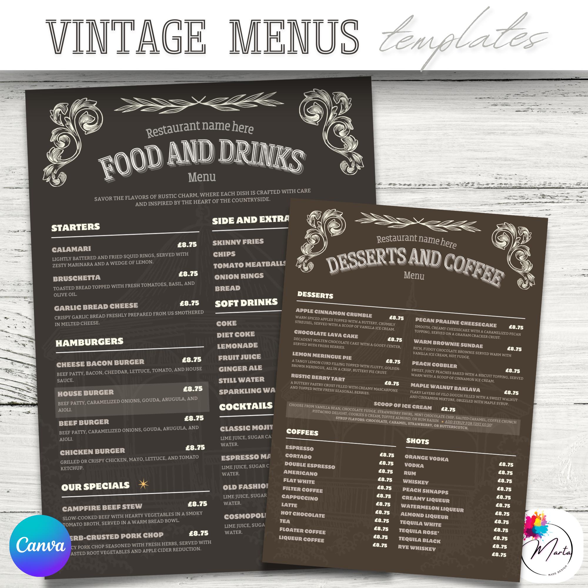 Editable Vintage Restaurant Menu A4 - Two Rustic Retro Designs for Food ...