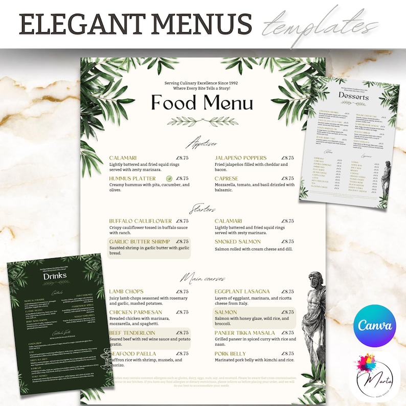 Elegant Restaurant Menu Template, Leaves Green Greek Style, Editable in ...