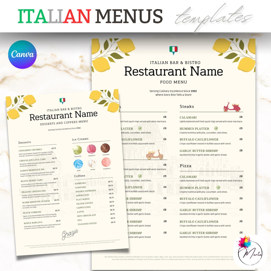 Italian Restaurant Menu Template, Editable in Canva - A4 Size Menus ...