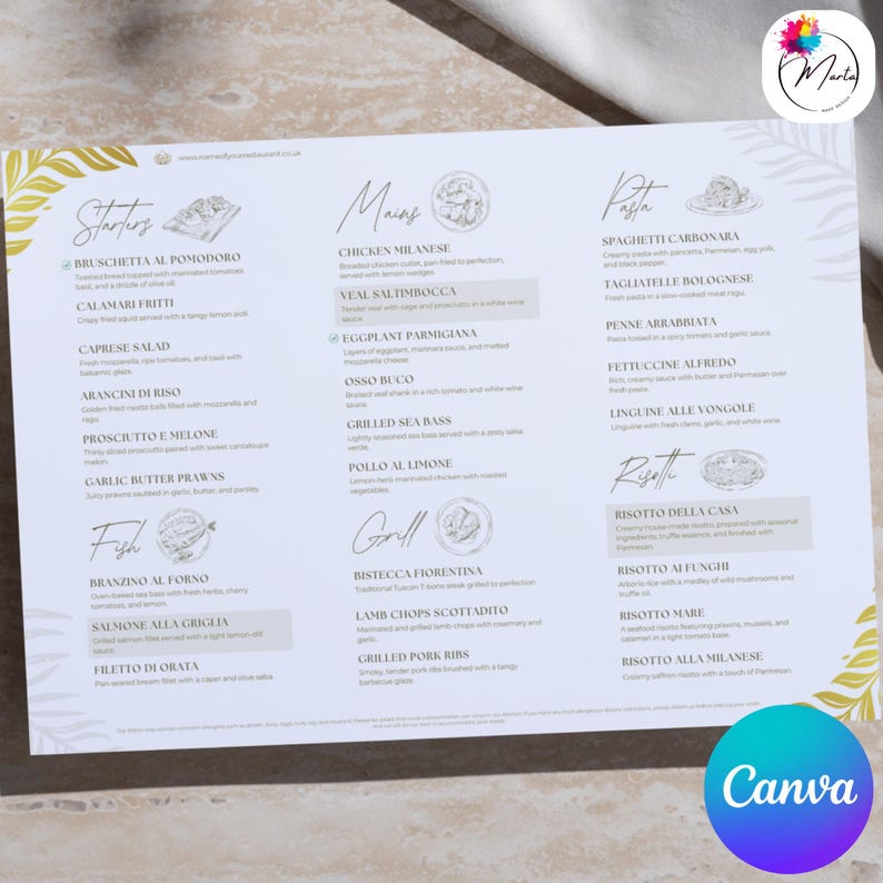 Elegant White and Gold Menu Template – Customizable Restaurant Design ...