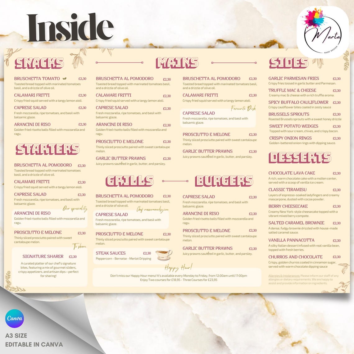 Full Restaurant Menu A3 Size, Editable in Canva, Fully Editable, Pink ...