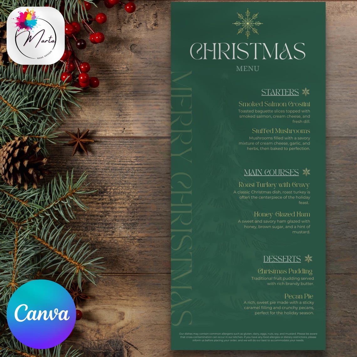 Elegant Christmas Menu Template Editable Canva Design Green & Gold ...